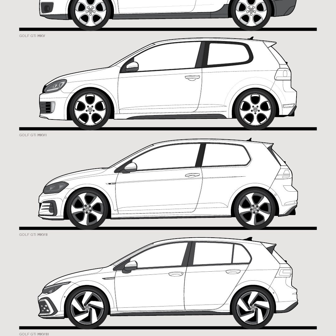 VW Golf Gti Poster Generations Evolution Models Lineup | Etsy