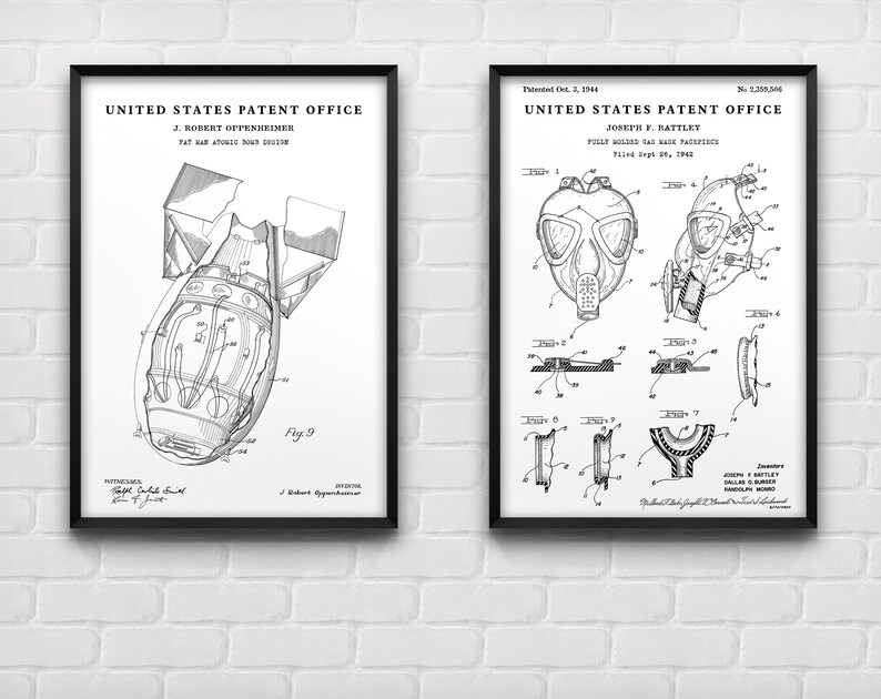 World War II Patent Wall Art: Atomic Bomb Fat Man, Gas Mask Blueprint ...