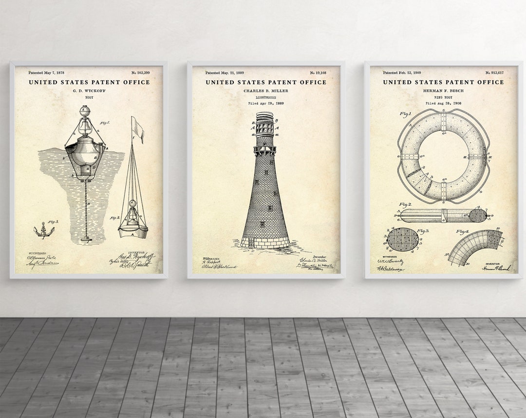 Nautical Wall Art: Lighthouse, Buoy & Lifebuoy Patent Poster, Marine ...