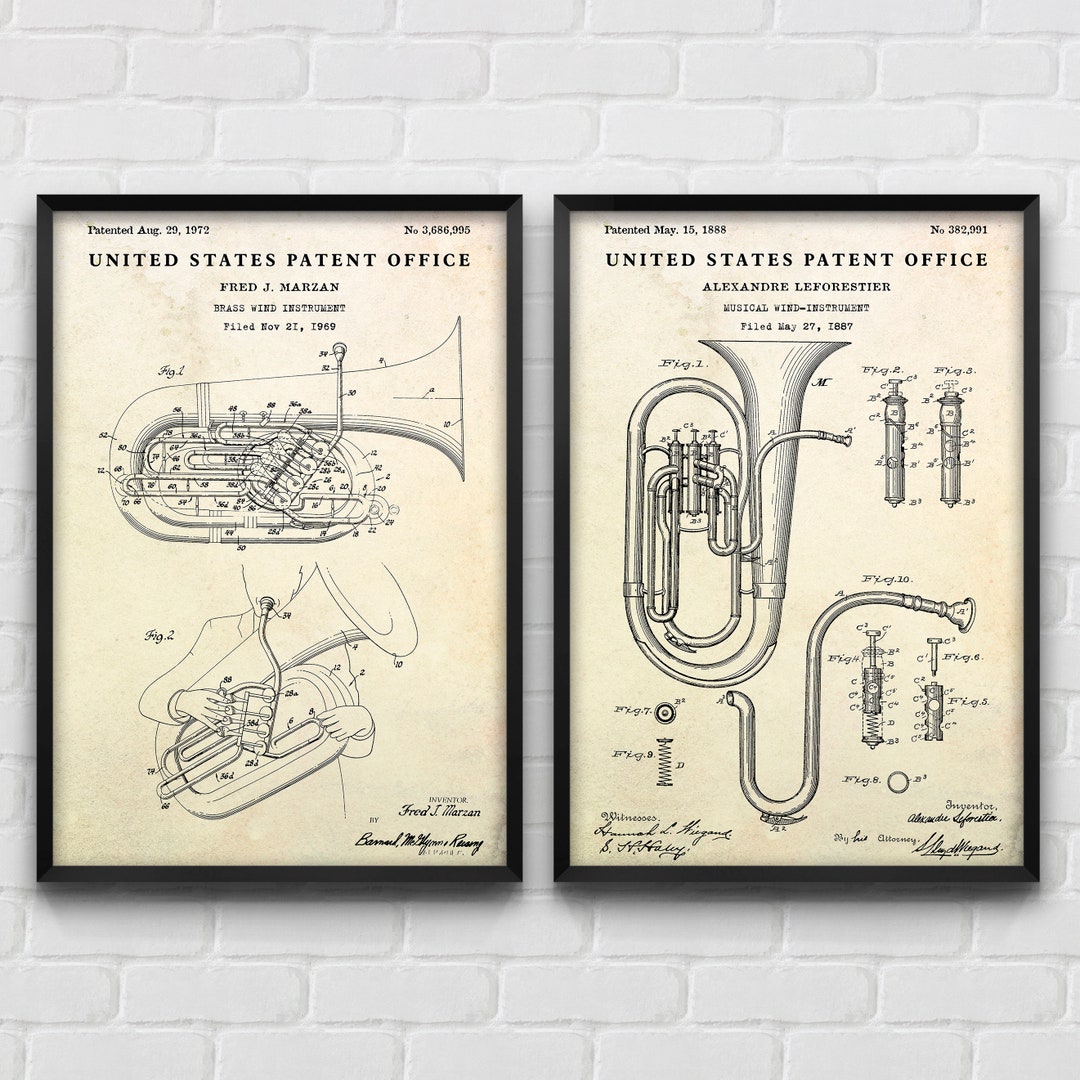 Brass Instrument Patent Wall Art: Vintage Tuba Blueprint Poster ...
