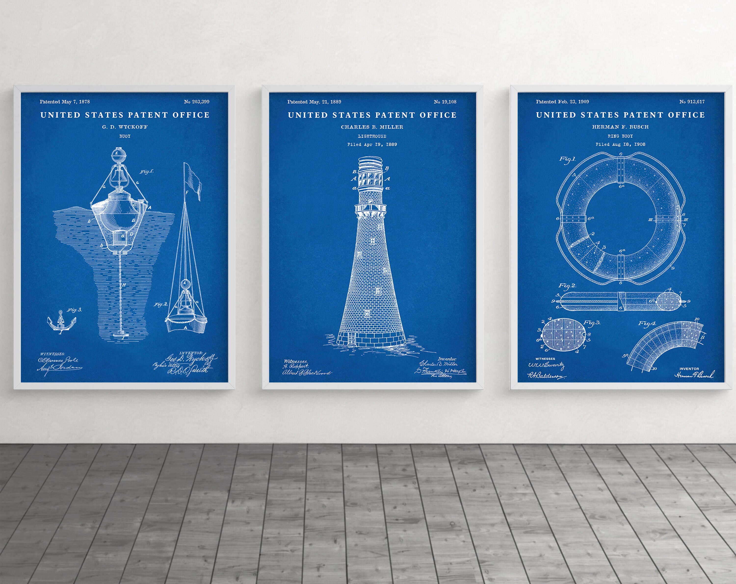 Nautical Wall Art: Lighthouse, Buoy & Lifebuoy Patent Poster, Marine ...