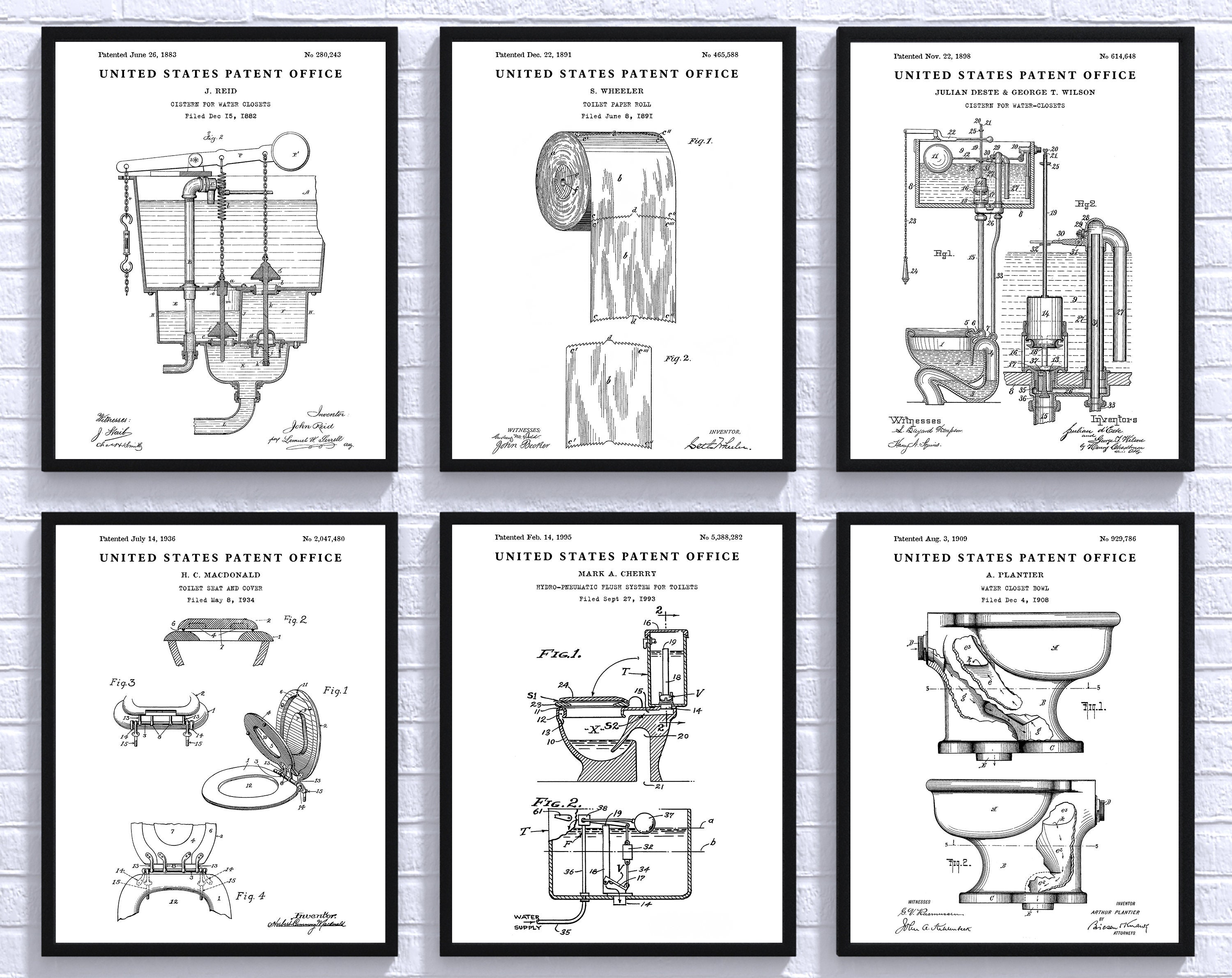 Wall Décor Bathroom Decor Set of 3 Patent Prints Toilet Vintage Wall ...