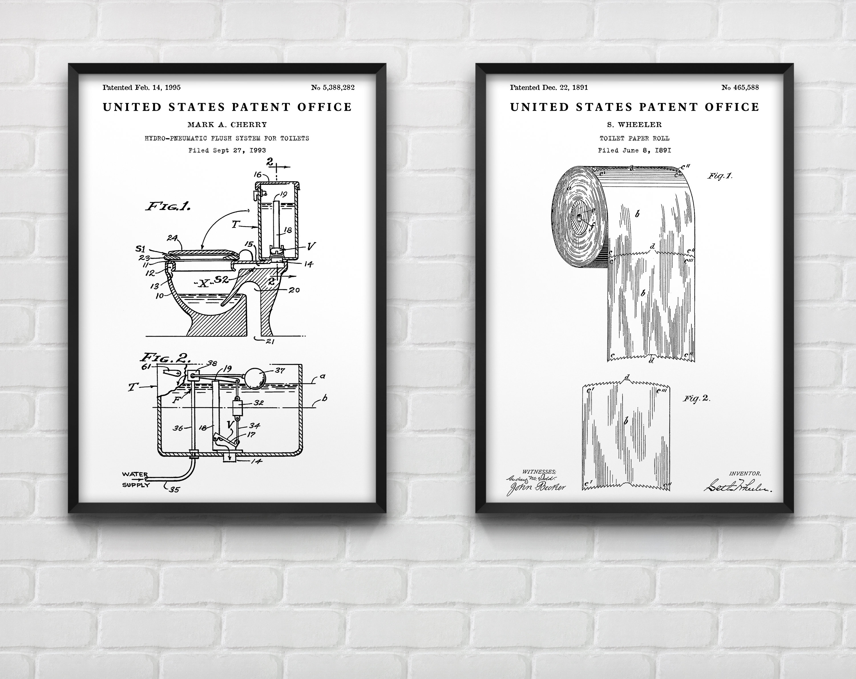 Toilet Flush & Toilet Paper Patent Poster, Bathroom Blueprint Wall Art ...