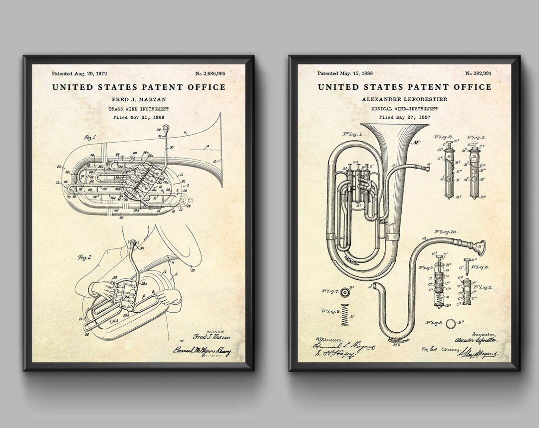 Brass Instrument Patent Wall Art: Vintage Tuba Blueprint Poster ...