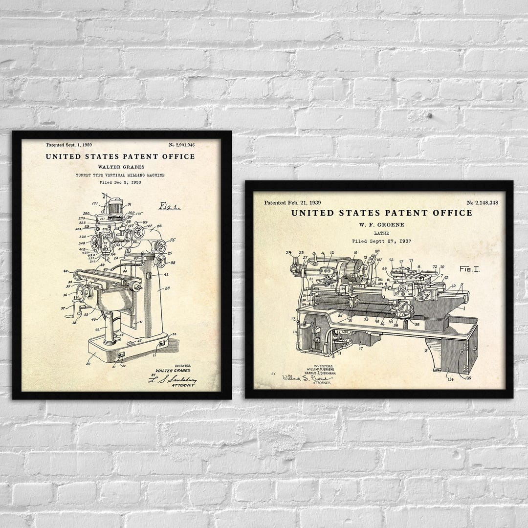 Lathe & Bridgeport Milling Machine Patent Wall Art, Blueprint Poster ...