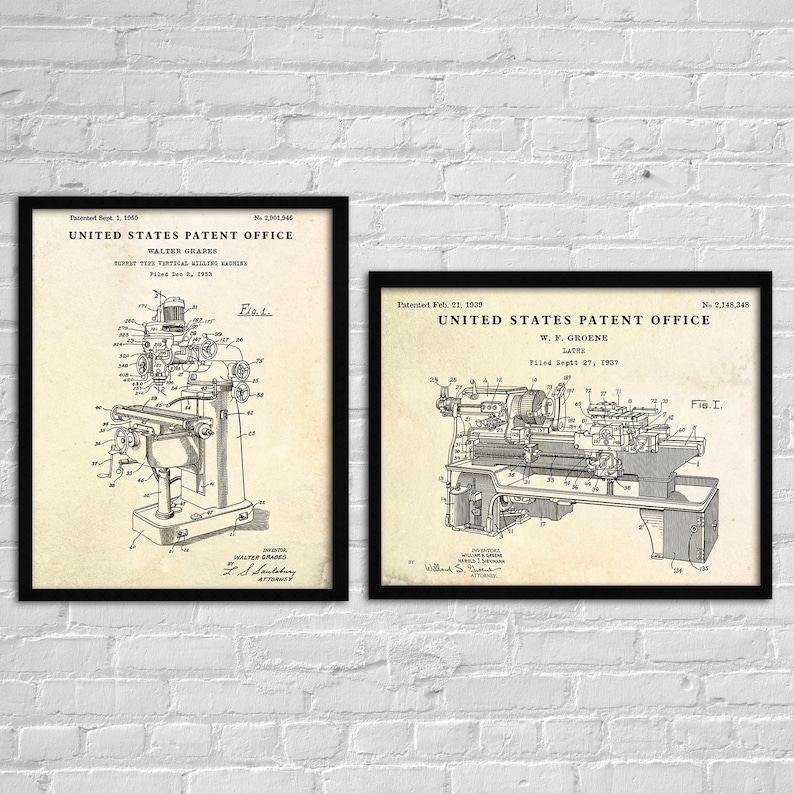 Lathe & Bridgeport Milling Machine Patent Wall Art, Blueprint Poster ...