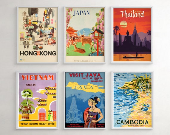 Asia Wall Art Vintage Travel Posters Asian Retro Decor Set - Etsy