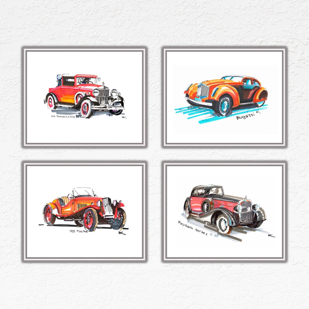 Retro Cars Wall Art, Old School Car Drawing, Luxury Classic Automobile ...