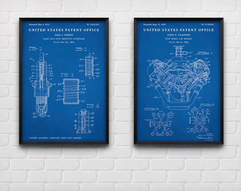 Automotive Wall Art: Spark Plug & V8 Engine Patents, Blueprint Poster ...