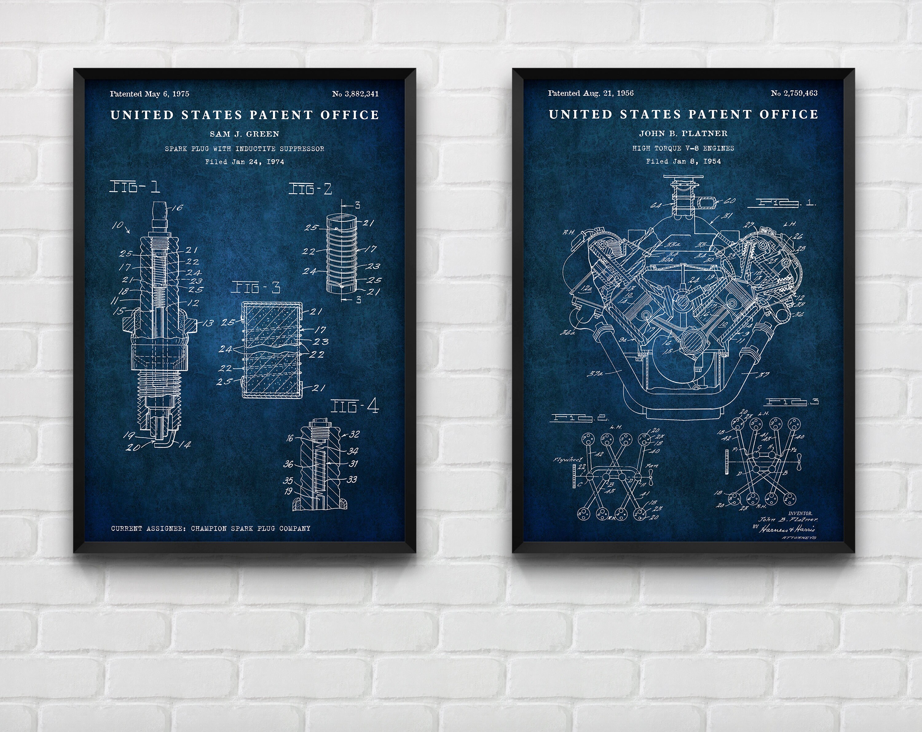 Automotive Wall Art: Spark Plug & V8 Engine Patents, Blueprint Poster ...