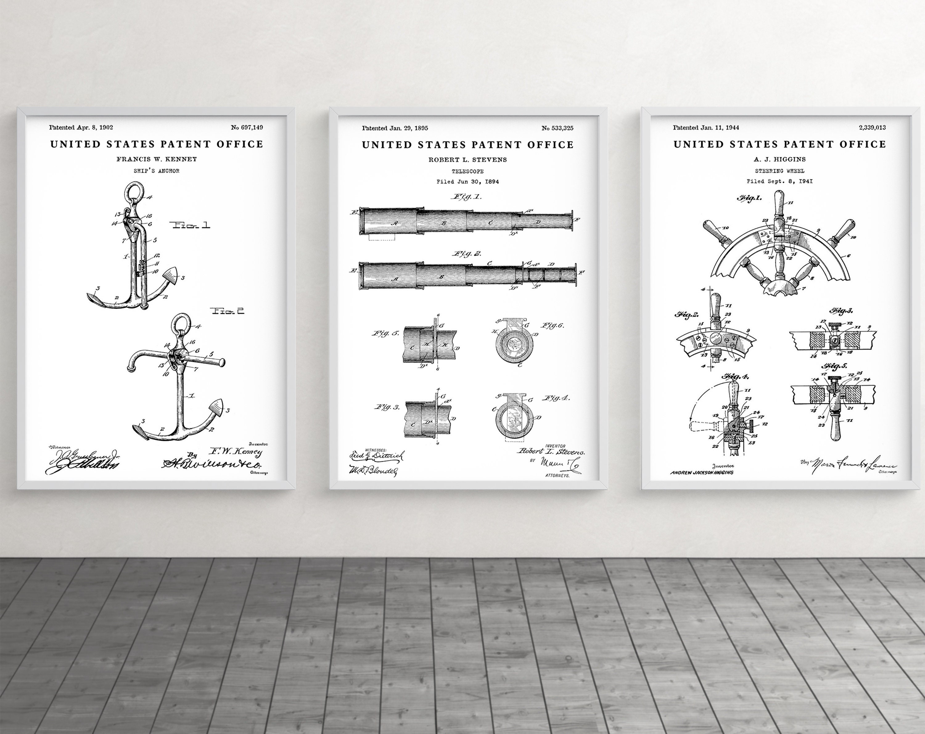 Boating Wall Art: Ship Anchor, Steering Wheel, Telescope Patent Poster ...