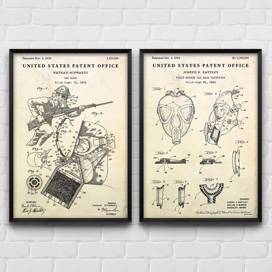 Gas Mask Evolution 1919 - 1944 Patent Art, Blueprint Poster, Military ...