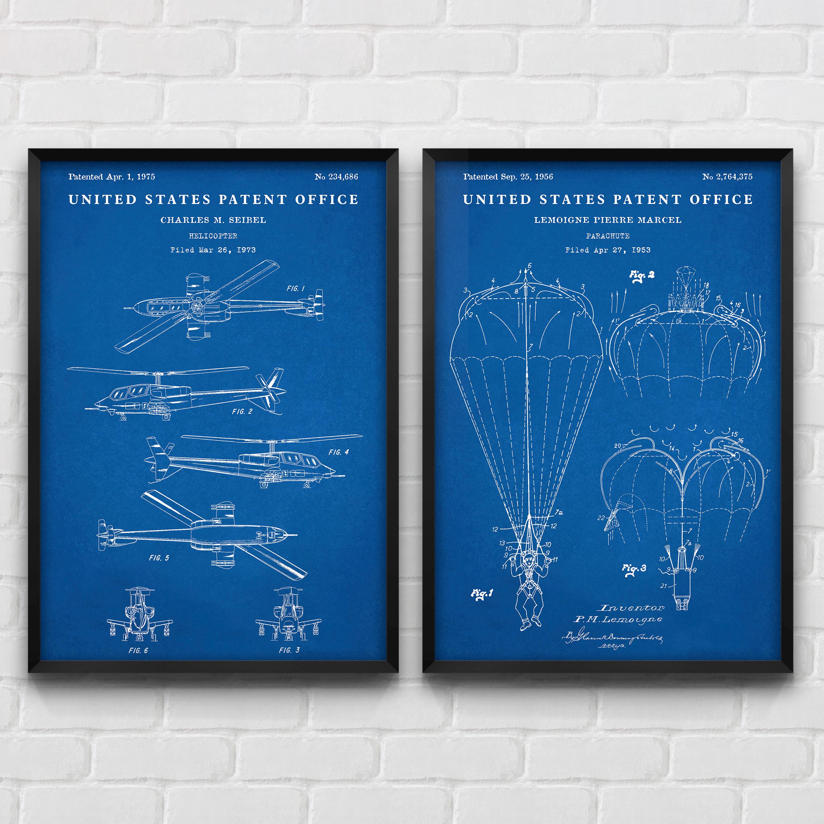 Helicopter & Parachute Patent Wall Art, Aircraft Inventions Blueprint ...