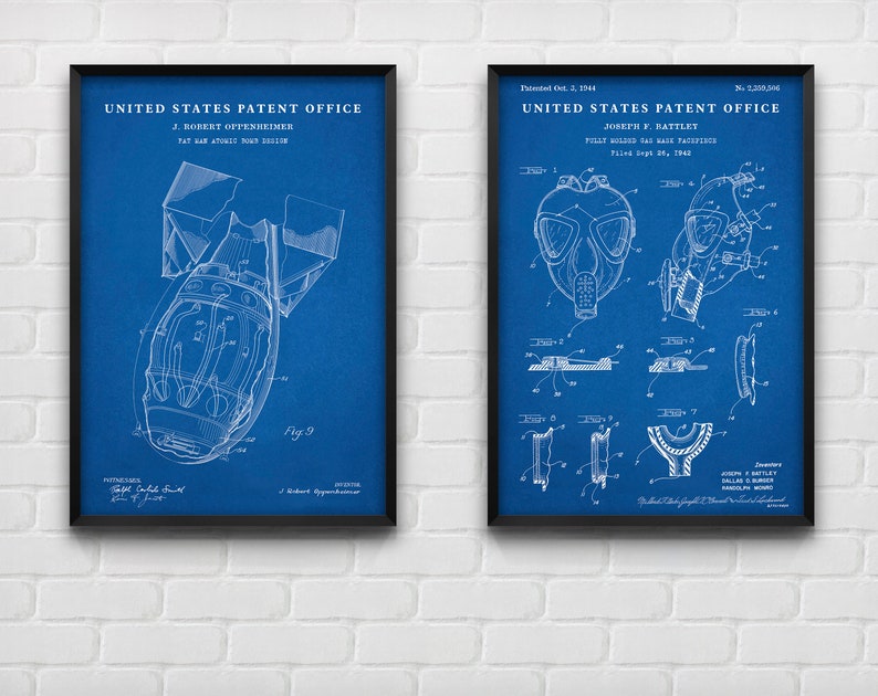 World War II Patent Wall Art: Atomic Bomb Fat Man, Gas Mask Blueprint ...