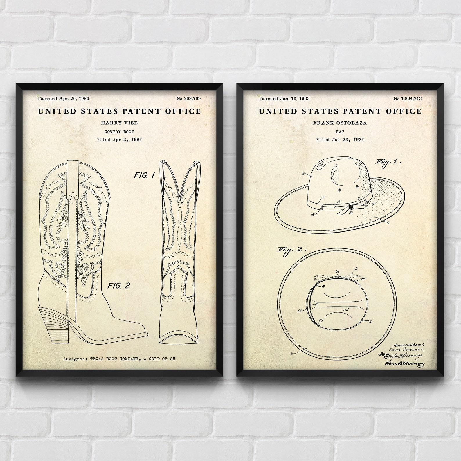 Western Wall Art: Cowboy Boot & Hat Patent Posters, Cowboy Gift, Wild ...