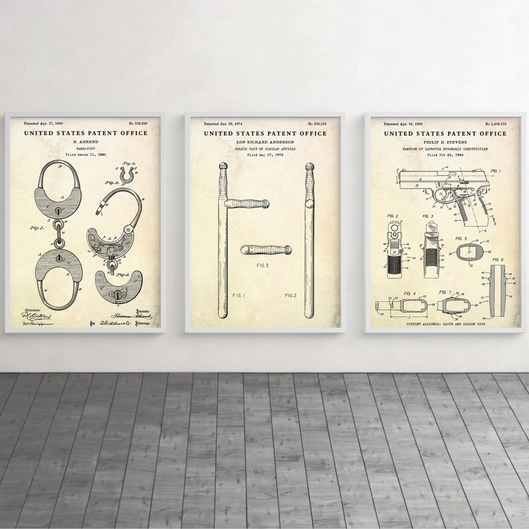 Police Office Decor: Handcuff, Baton & Handgun Patent Poster, Policeman ...