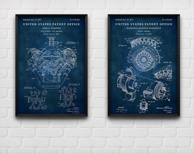Rotary Engine & V8 Engine Patent Wall Art, Blueprint Poster, Automotive ...