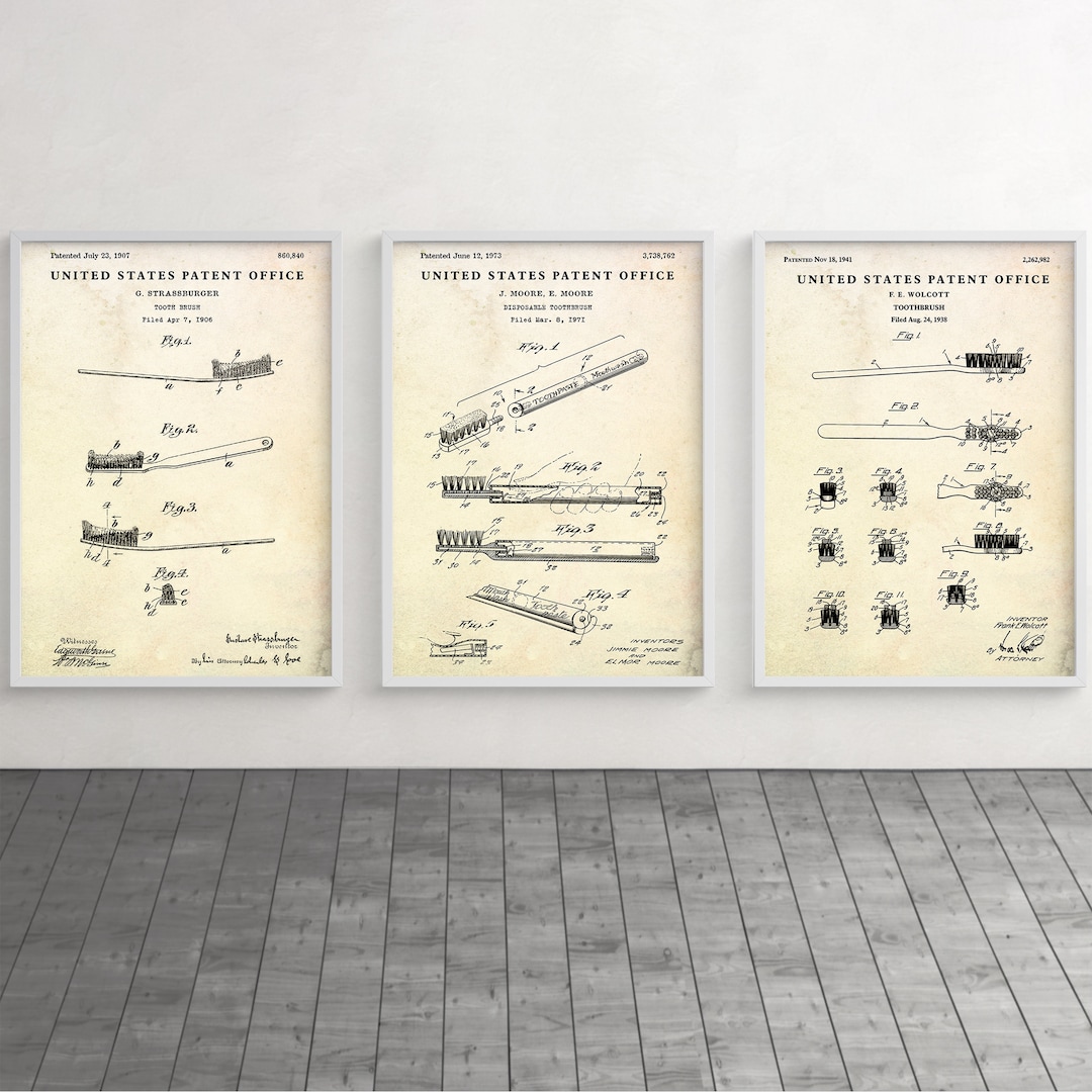 Toothbrush Patent Wall Art, Tooth Care Inventions Blueprint, Bathroom ...