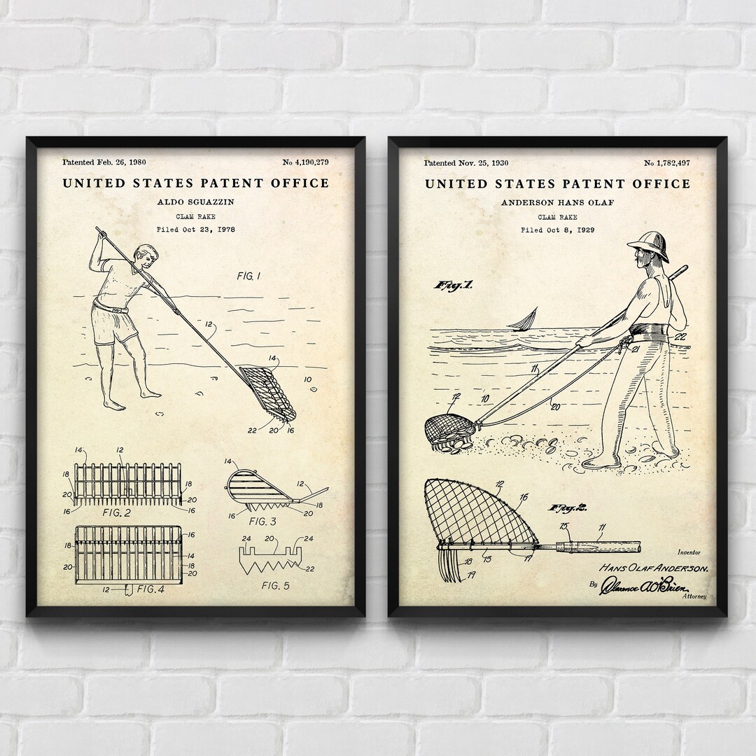 Clam Fishing Wall Art, Clam Rake Patent Poster, Fisher Gift, Coastal ...