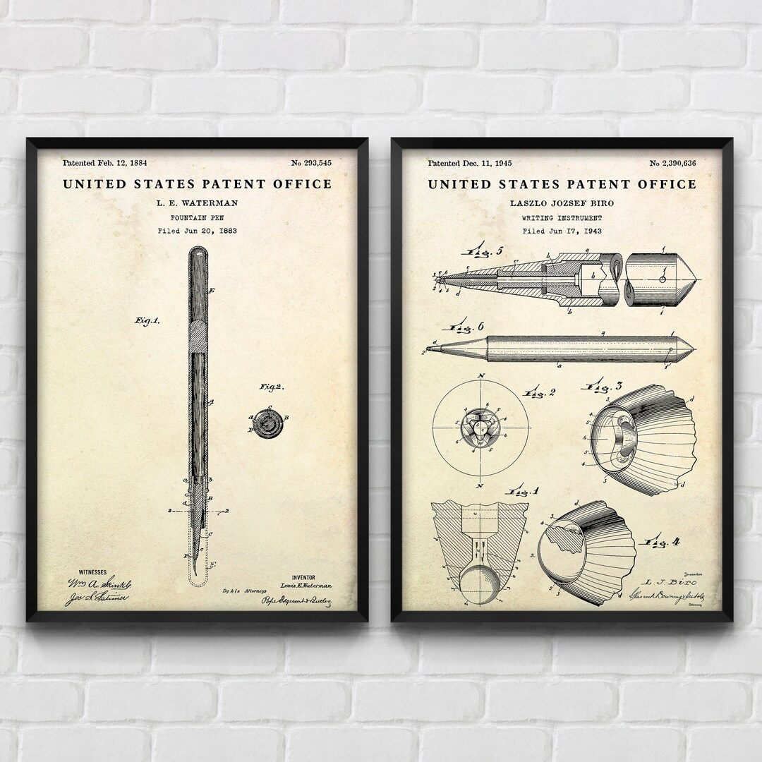 Fountain Pen & Ballpoint Pen Patent Wall Art, Inventions Blueprint ...