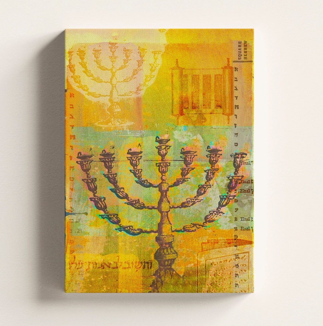 Jewish Painting Collage Wall Art, Menorah Print, Hebrew Decor, Judaica ...