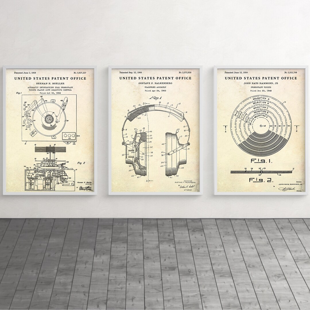 Audiophile Gift Wall Art: Vinyl Record Player, Headphones Patent ...