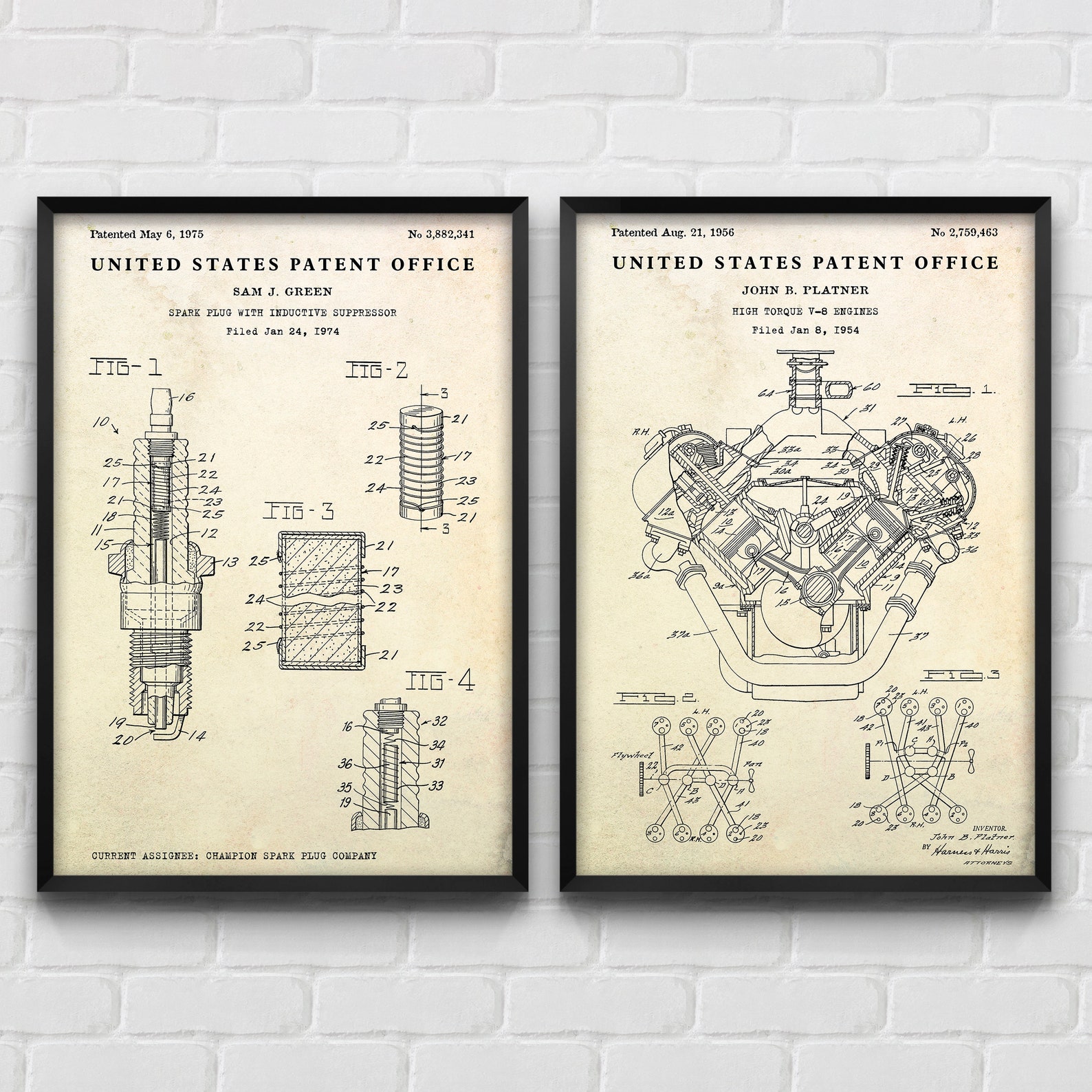 Automotive Wall Art: Spark Plug & V8 Engine Patents, Blueprint Poster ...