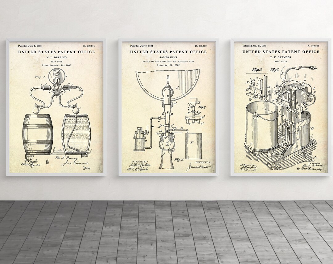Vintage Beer Brewing Patent Art Prints, Set of 3 Posters, Bar Wall ...