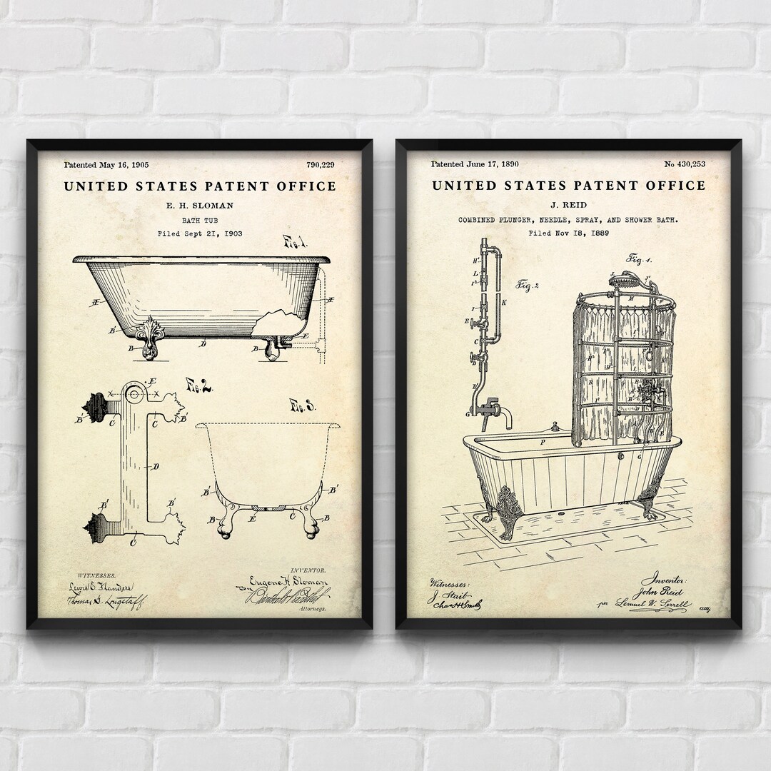 Bathroom Decor: Bathtub & Shower Patent Vintage Wall Art, Bath Tub ...