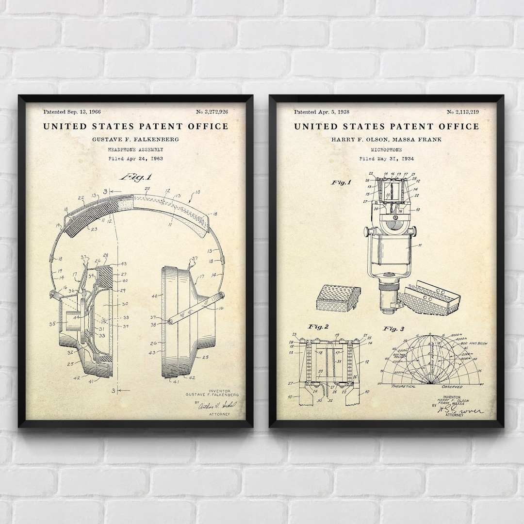Music Recording Wall Art: Microphone & Headphones Patent Posters ...