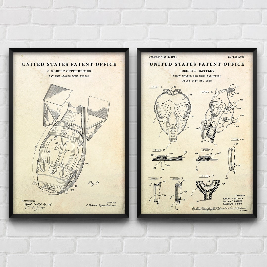 World War II Patent Wall Art: Atomic Bomb Fat Man, Gas Mask Blueprint WWII Poster, History Buff ...