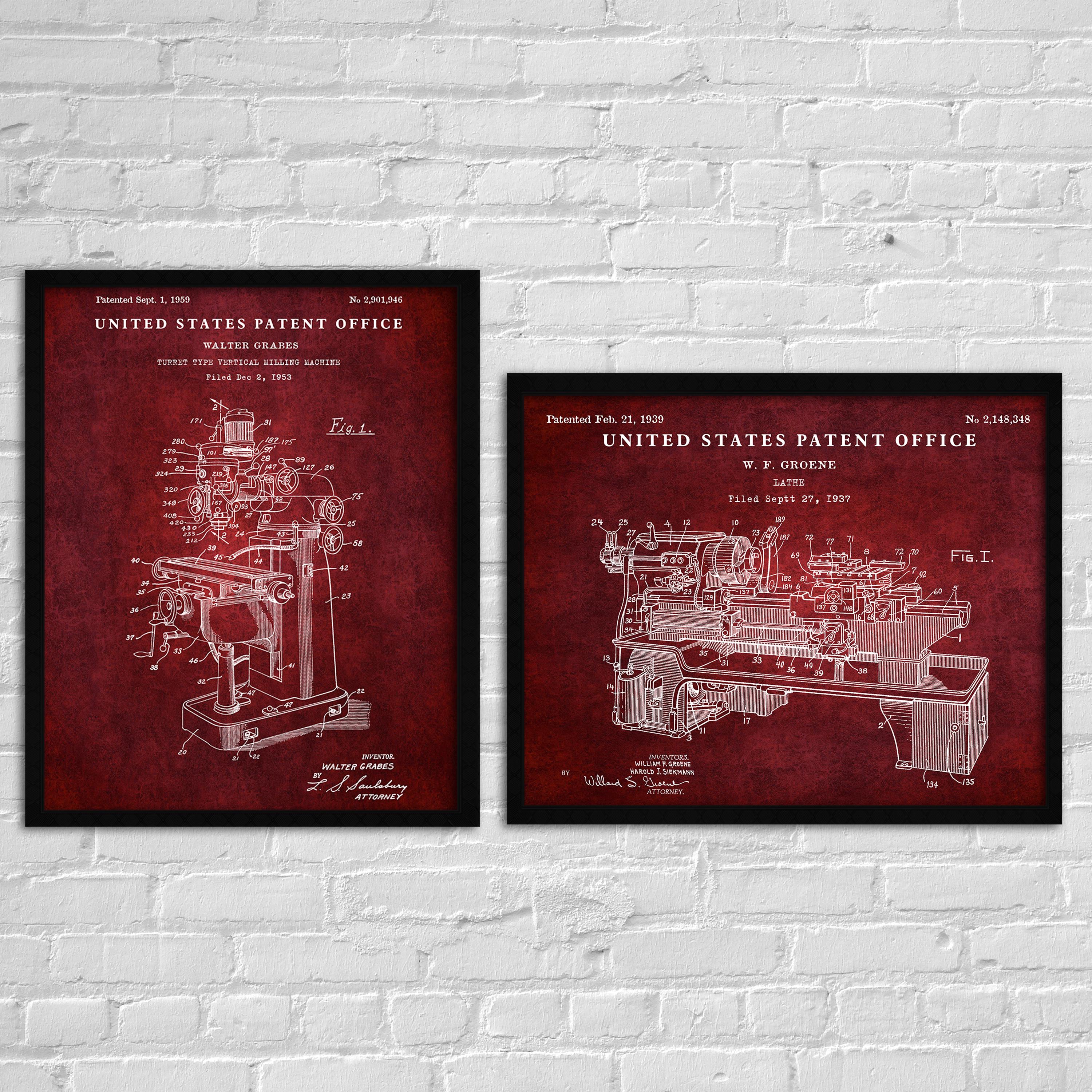 Lathe & Bridgeport Milling Machine Patent Wall Art, Blueprint Poster ...