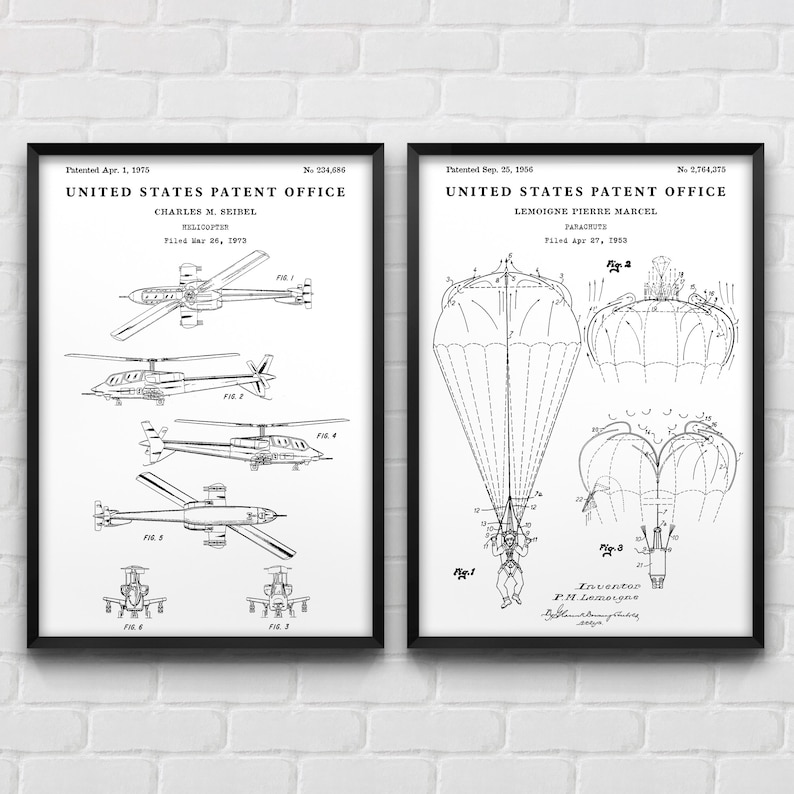 Helicopter & Parachute Patent Wall Art, Aircraft Inventions Blueprint ...