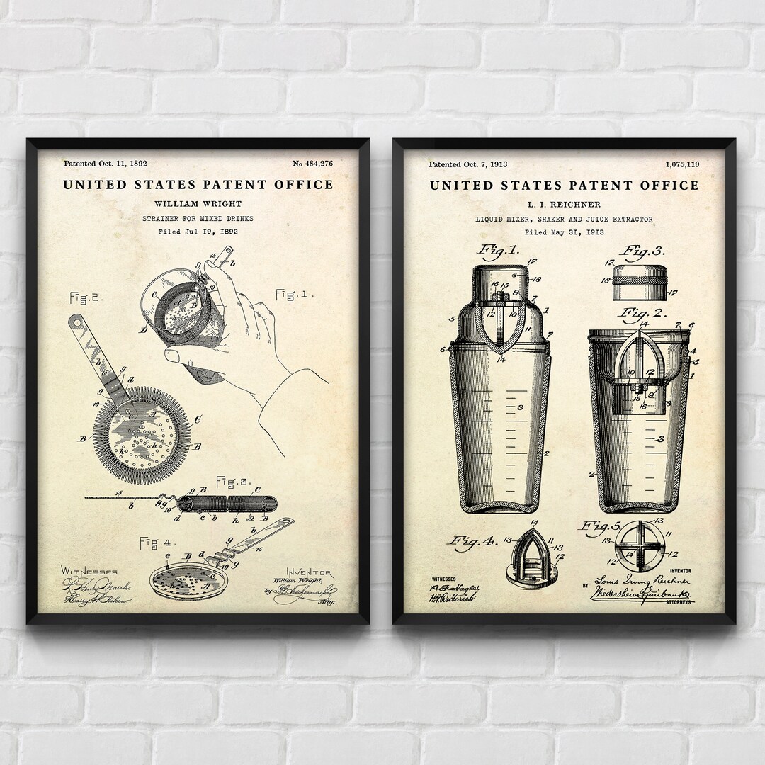 Cocktail Wall Art: Strainer & Shaker Patent Posters, Mixed Drink ...