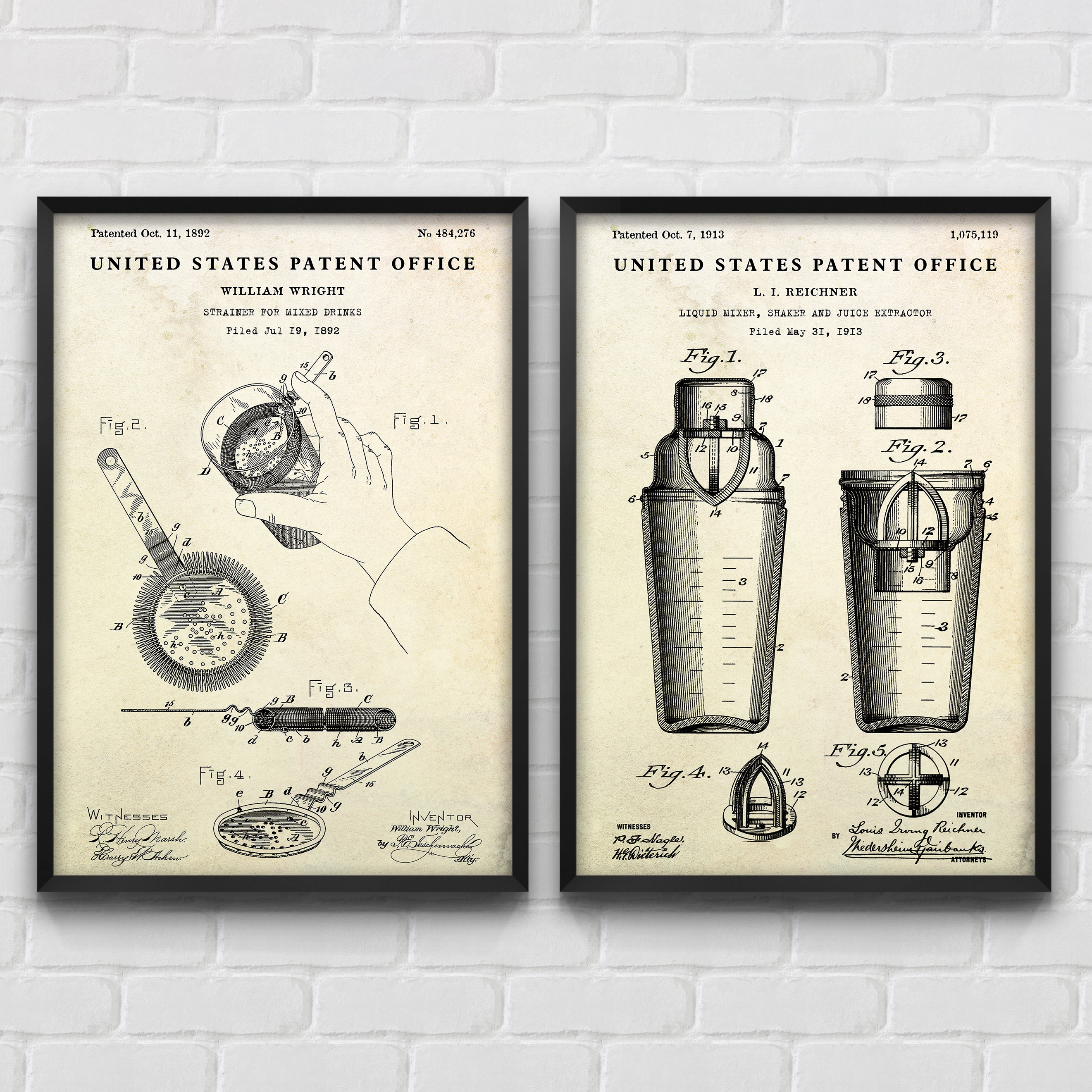 Cocktail Wall Art: Strainer & Shaker Patent Posters, Mixed Drink ...
