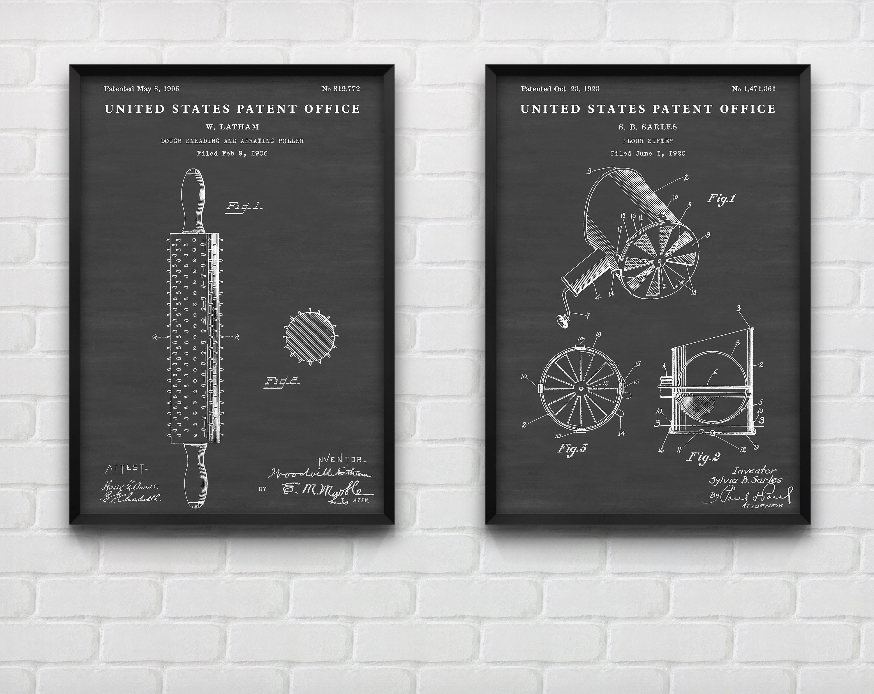 Bakery Wall Art: Dough Rolling Pin & Flour Sifter Patent Posters ...
