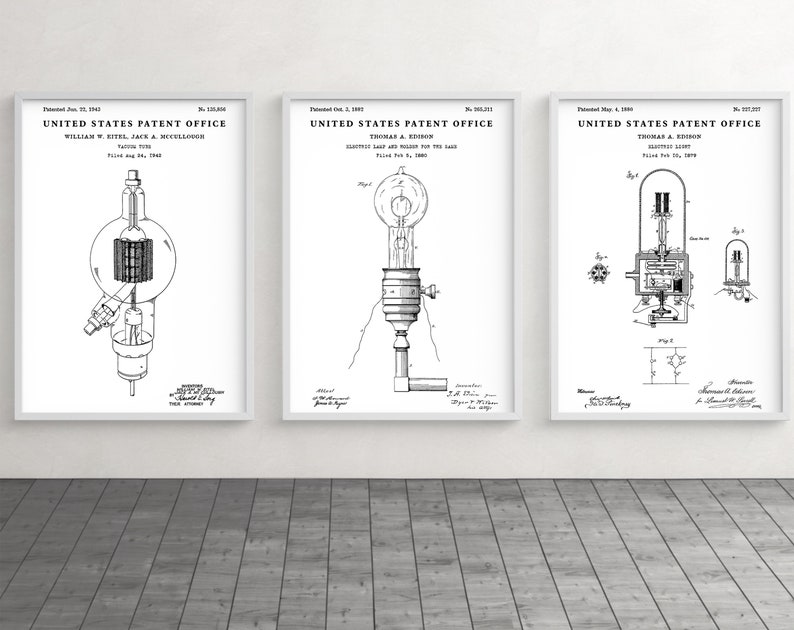Incandescent Light Bulb Patent Poster, Vintage Filament Lamp Invention ...