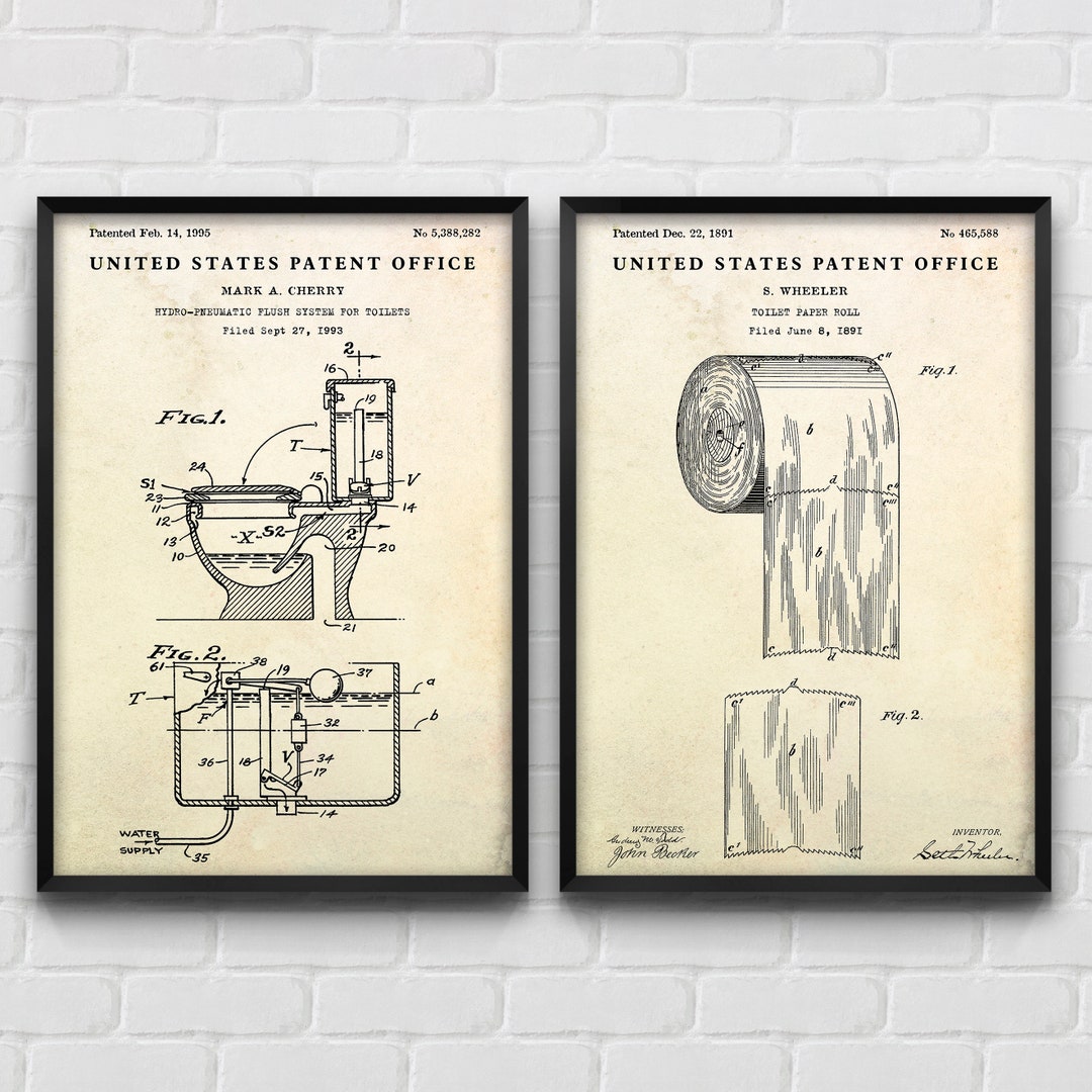 Toilet Flush & Toilet Paper Patent Poster, Bathroom Blueprint Wall Art ...