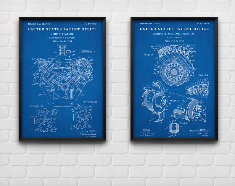 Rotary Engine & V8 Engine Patent Wall Art, Blueprint Poster, Automotive ...
