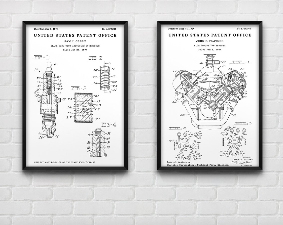 Automotive Wall Art: Spark Plug & V8 Engine Patents, Blueprint Poster ...