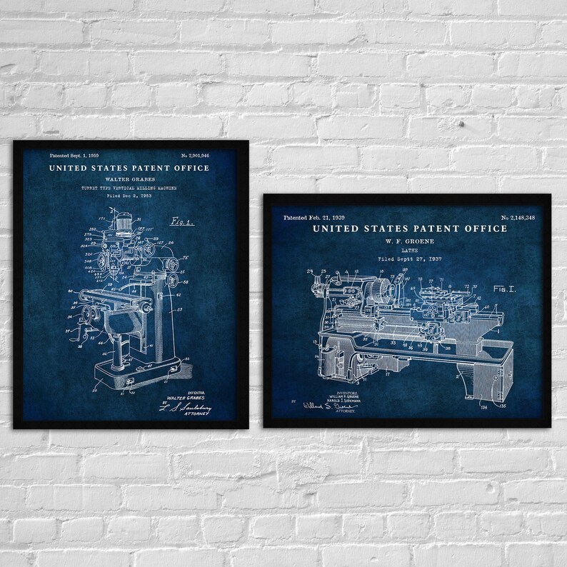 Lathe & Bridgeport Milling Machine Patent Wall Art, Blueprint Poster ...