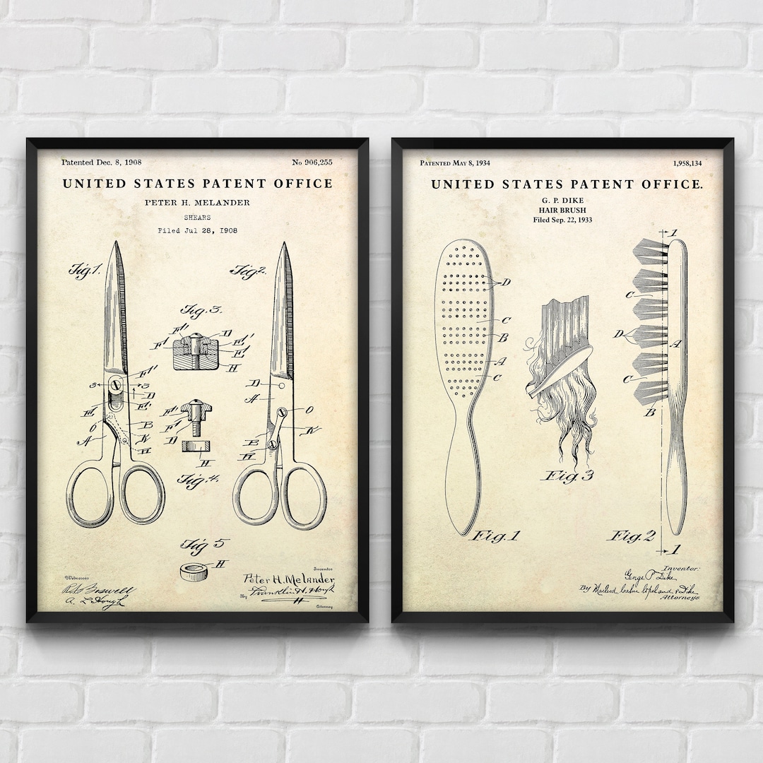 Scissors & Hair Brush Patent Posters, Hairdressing Wall Art ...