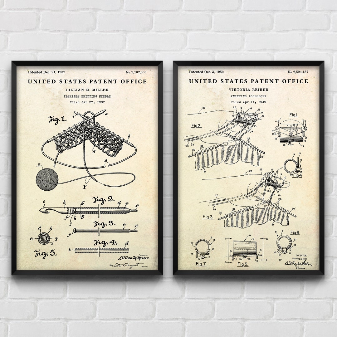 Knitting Patent Wall Art, Needlework Inventions, Knit Blueprint Poster ...