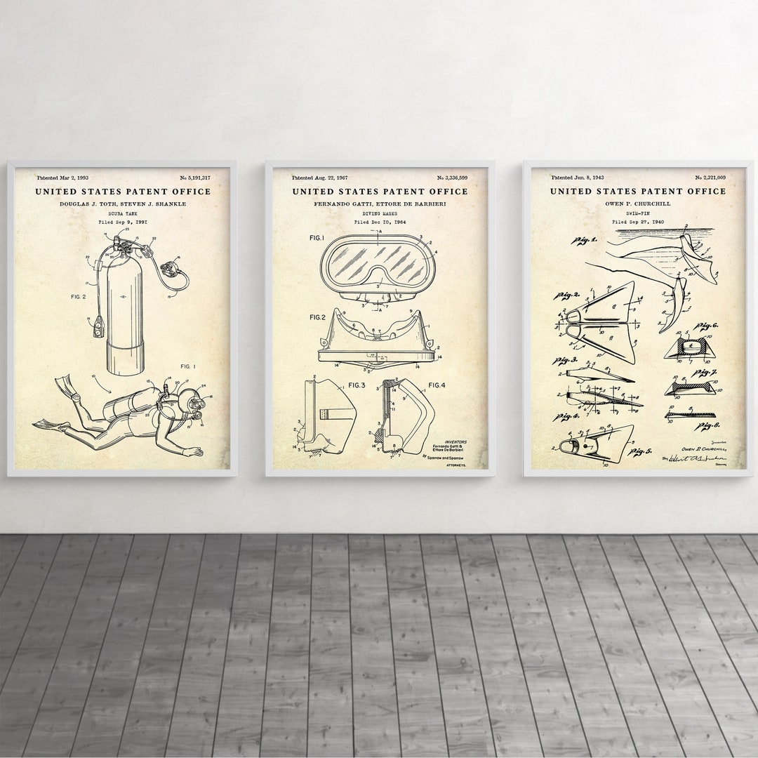 Diving Patent Wall Art, Scuba Tank, Swim Fins, Diving Mask Inventions ...