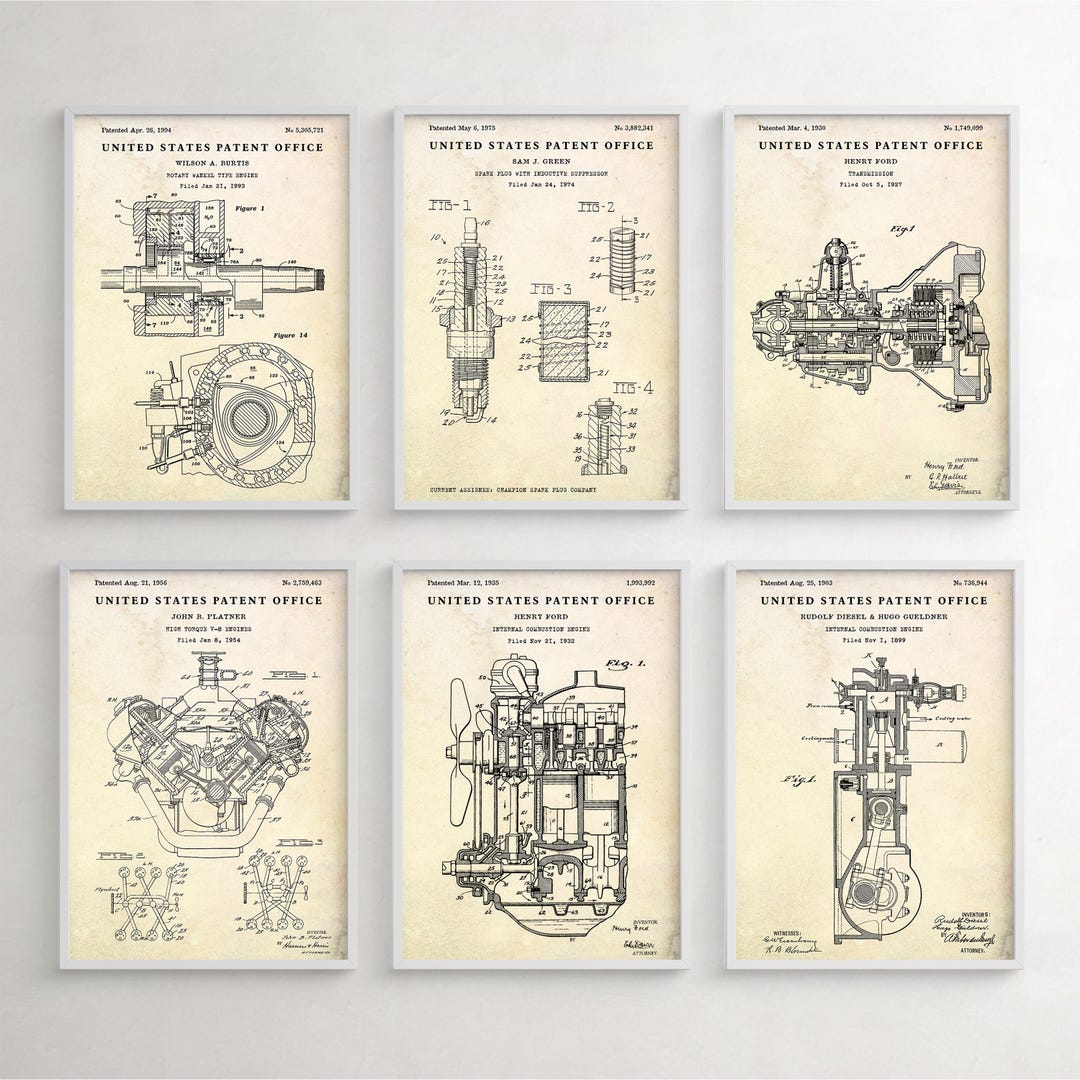 Automotive Patent Wall Art, IC Engine, Hemi V8, Wankel Rotary ...