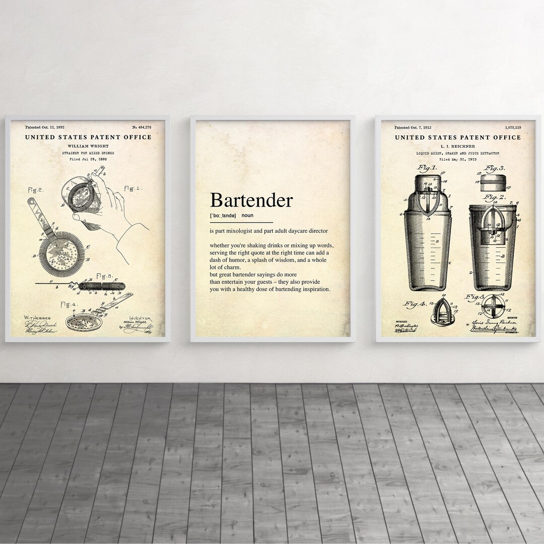 Bartender Definition & Shaker, Strainer for Mixed Drinks Patent Wall ...