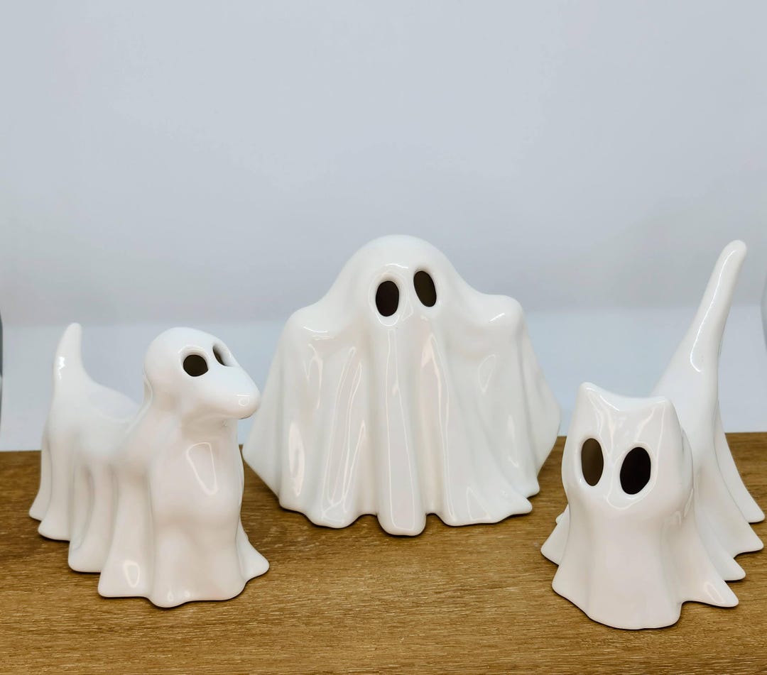 Ceramic Ghost With Pets - Ghost Dog & Ghost Cat - White Glazed ...