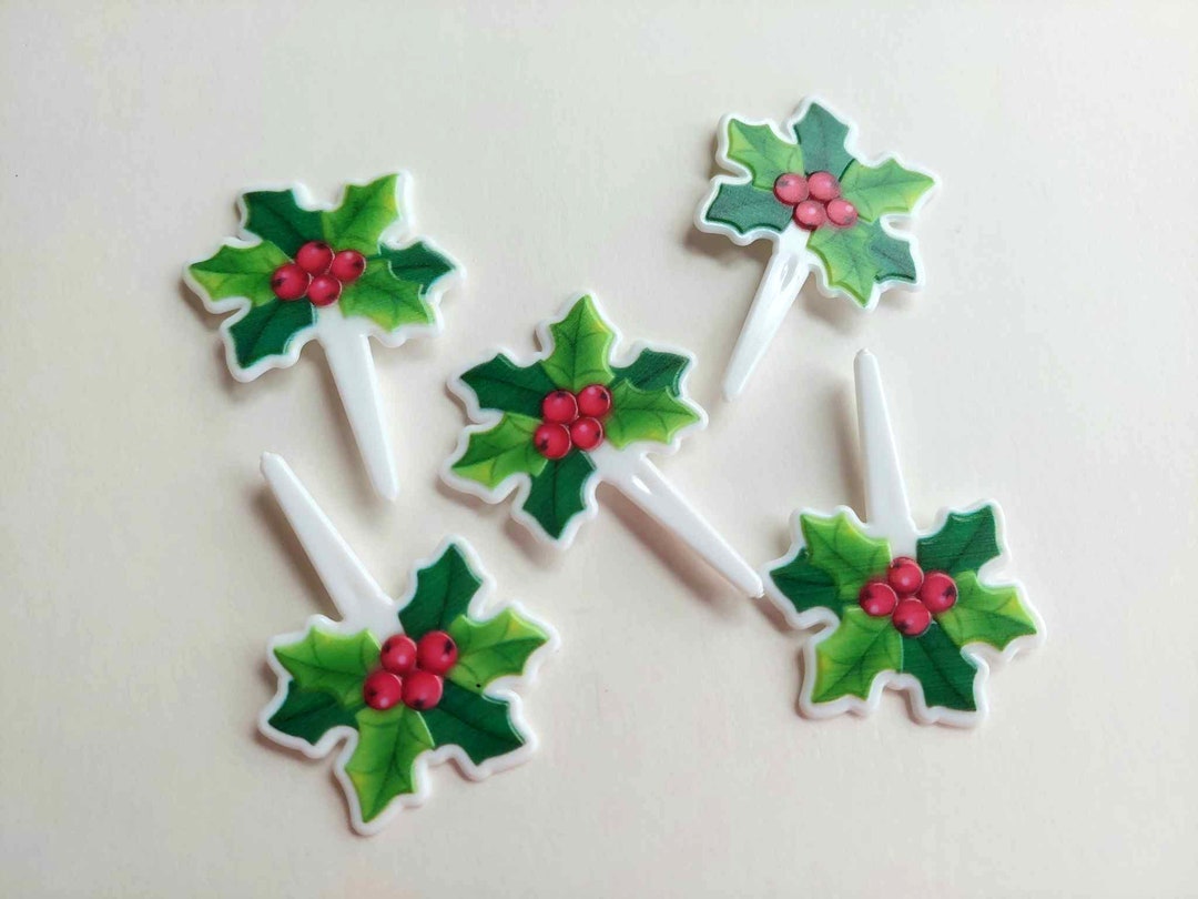 Set of 24 Winter Forest Holly Only Cupcake Picks Cake Toppers ...