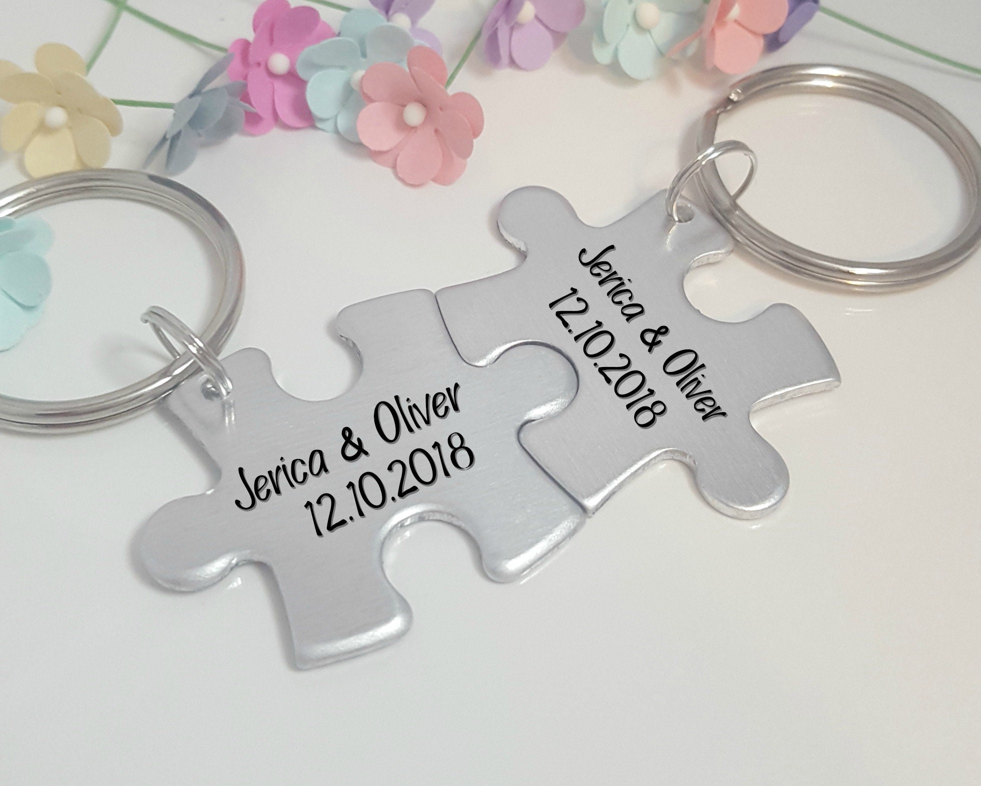 Personalized Puzzle Piece Keychains, Anniversary Gift, Hand Stamped ...