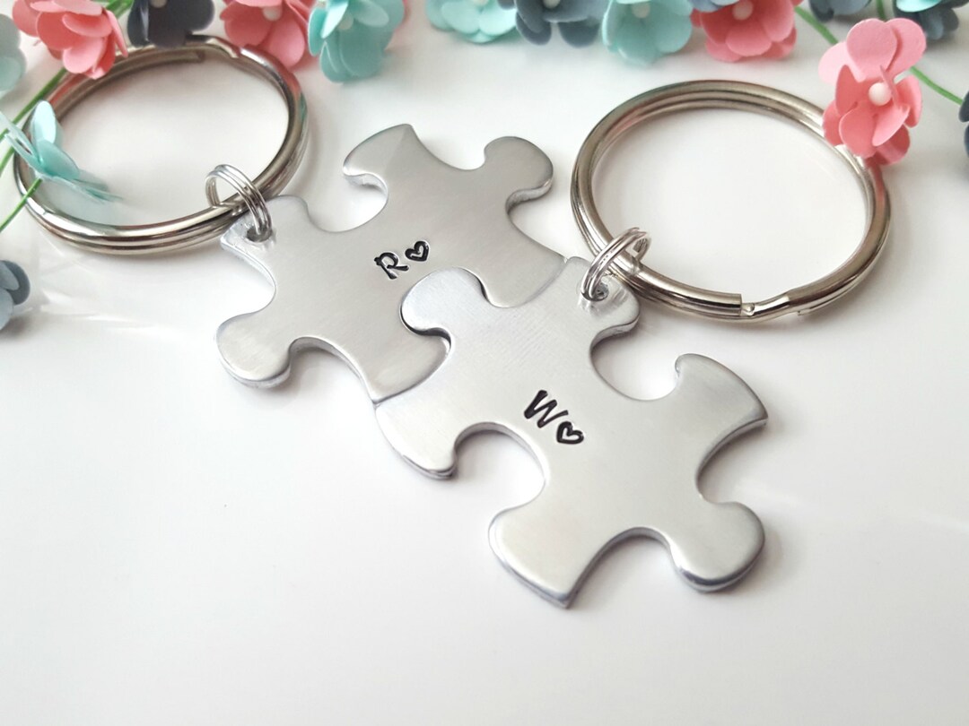 Personalized Anniversary Keychain Set, Initial Heart Puzzle Piece ...